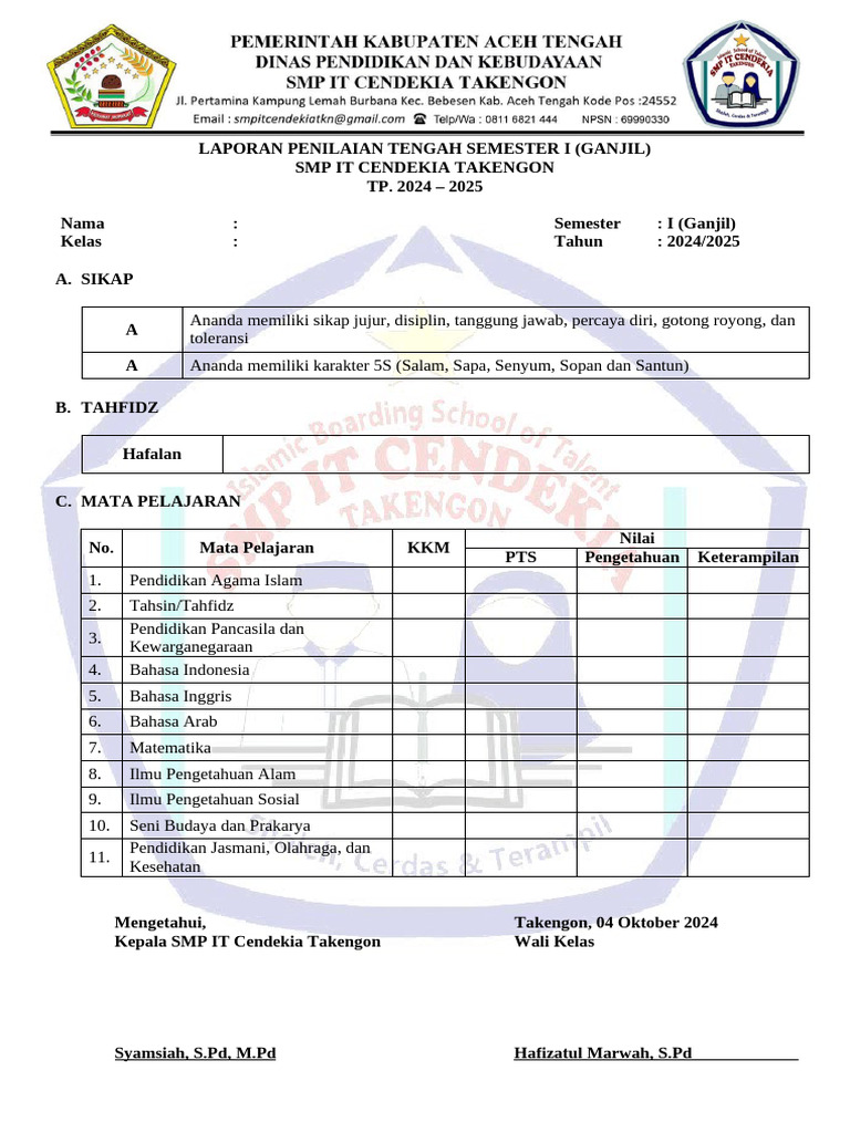 (Kelas 9) Laporan Pts Semester 1 TP 2024-2025 | PDF