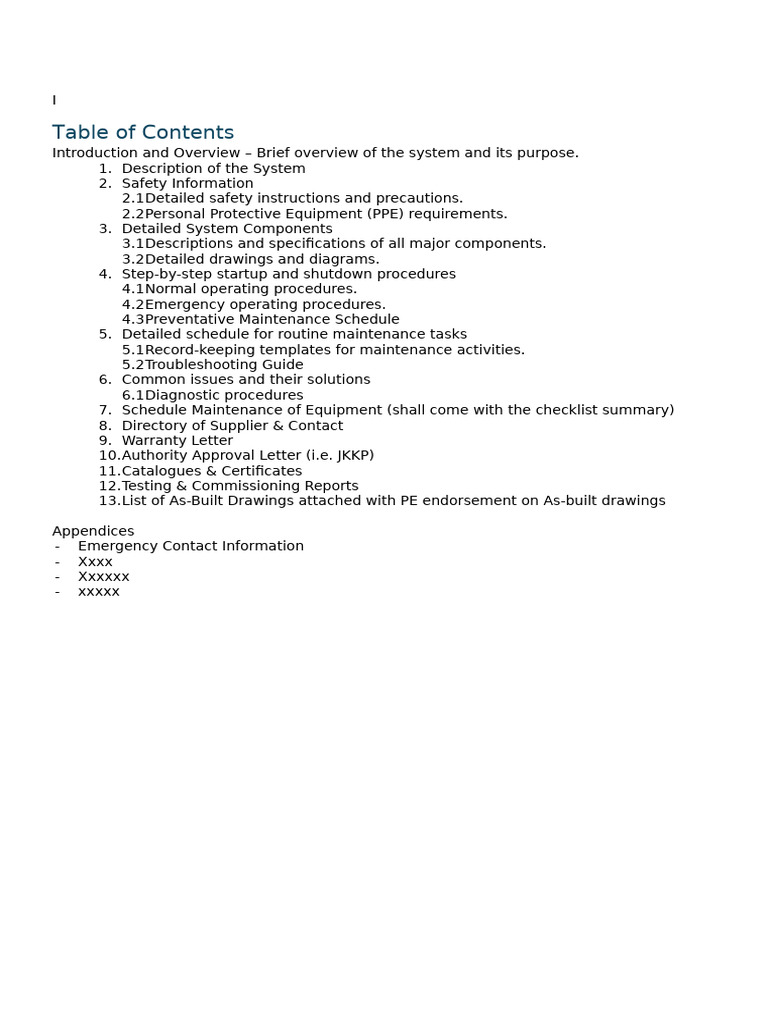 O&M template with TOC & seperator | PDF