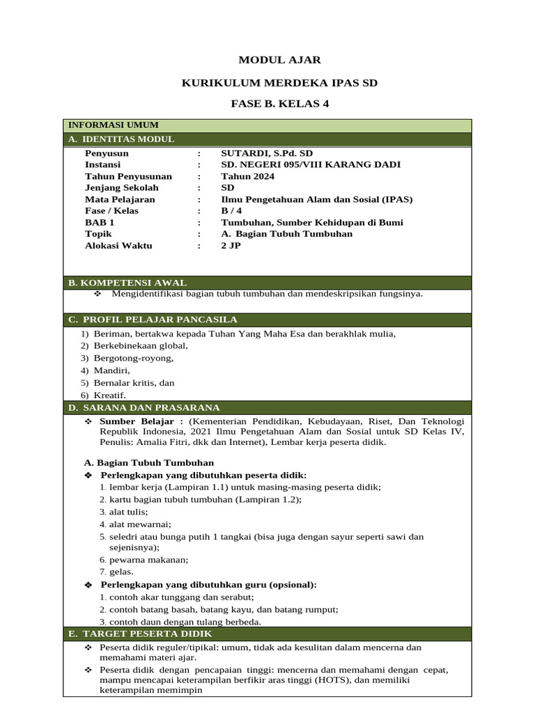 MODUL AJAR IPAS SD KELAS 4 KURIKULUM MERDEKA TAHUN 2024 | PDF