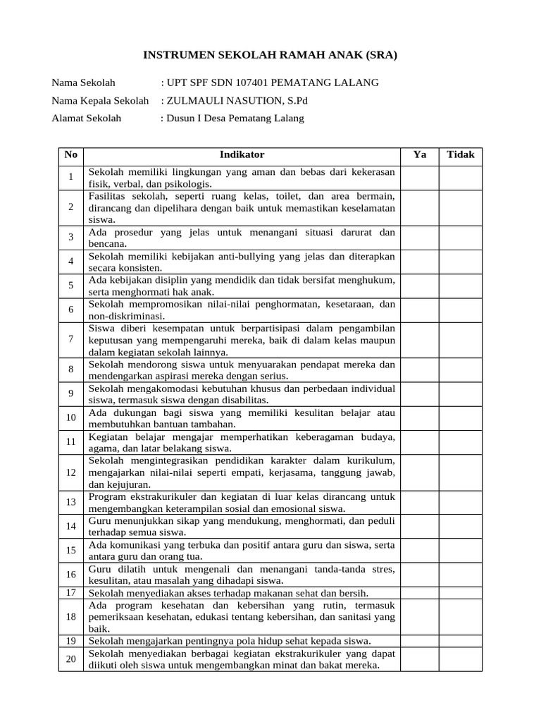 Instrumen Sekolah Ramah Anak | PDF