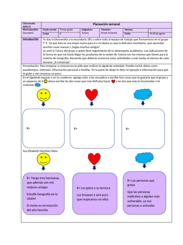 Tutoría 1°E Semanas 1-3 | PDF