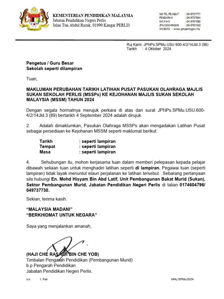 surat perubahan tarikh latihan pusat olahraga mssm_241004_102602 | PDF