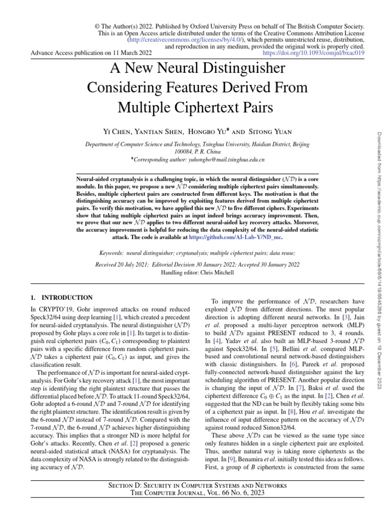 Neural Distinguisher for Cryptanalysis | PDF | Cipher | Cryptanalysis
