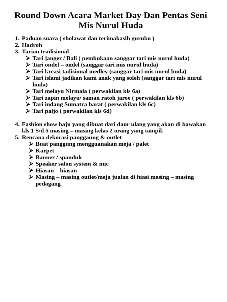 Round Down Acara Market Day Dan Pentas Seni Mis Nurul Huda | PDF