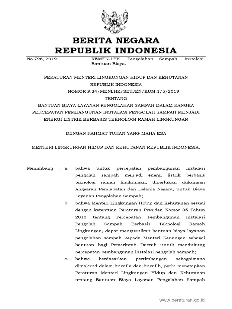 Permen LHK Biaya Layanan Pengolahan Sampah | PDF