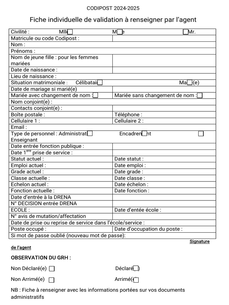 Fiche de validation Codipost 2024-2025 | PDF