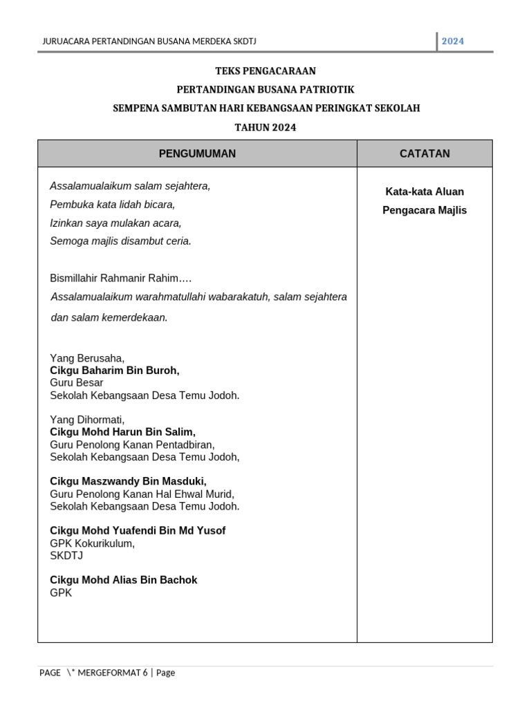 Teks Pengacaraan Pertandingan Busana Merdeka SKDTJ 2024 | PDF