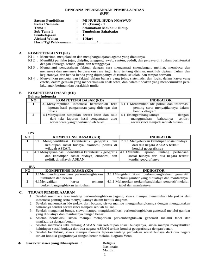 RPP Tema 1 Kelas 6 | PDF
