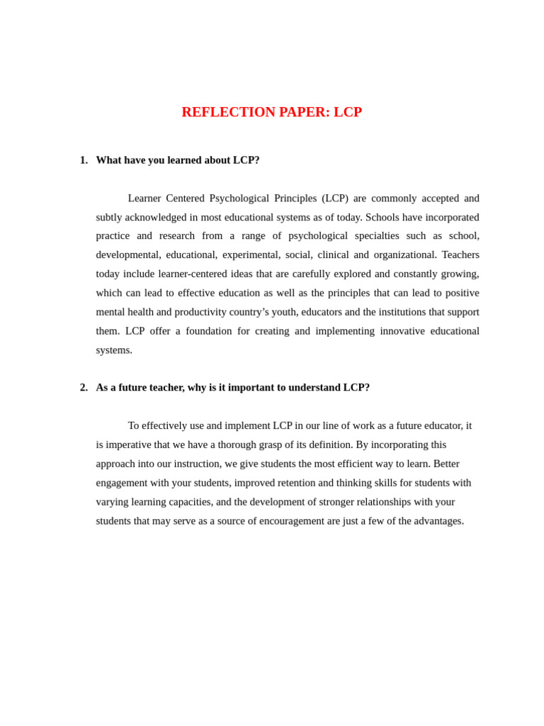 Reflection Paper - LCP | PDF