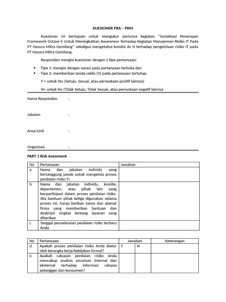 Kuesioner Pra PKM | PDF