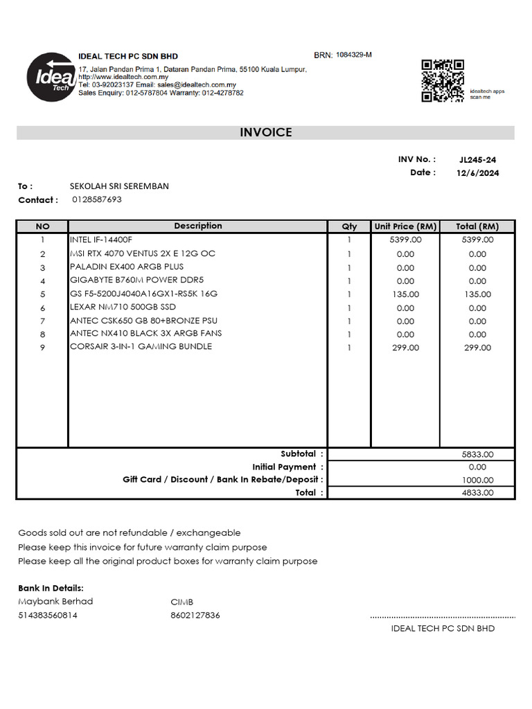 Invoice: Sekolah Sri Seremban | PDF