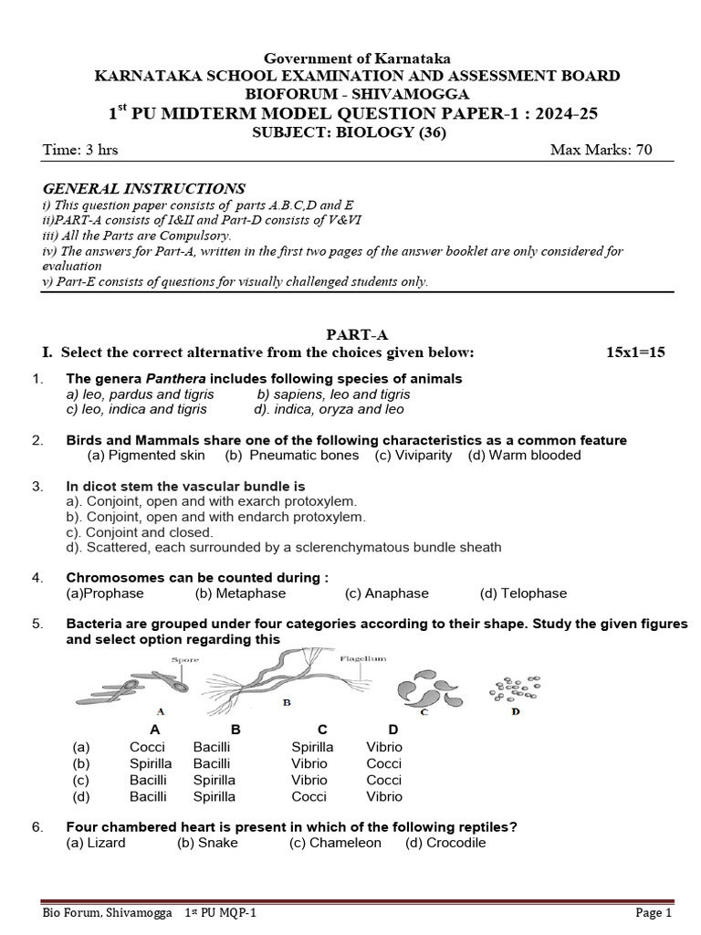 1st PU Midterm Model Paper 1 Biology 2024-25 | PDF | Biology | Teaching ...