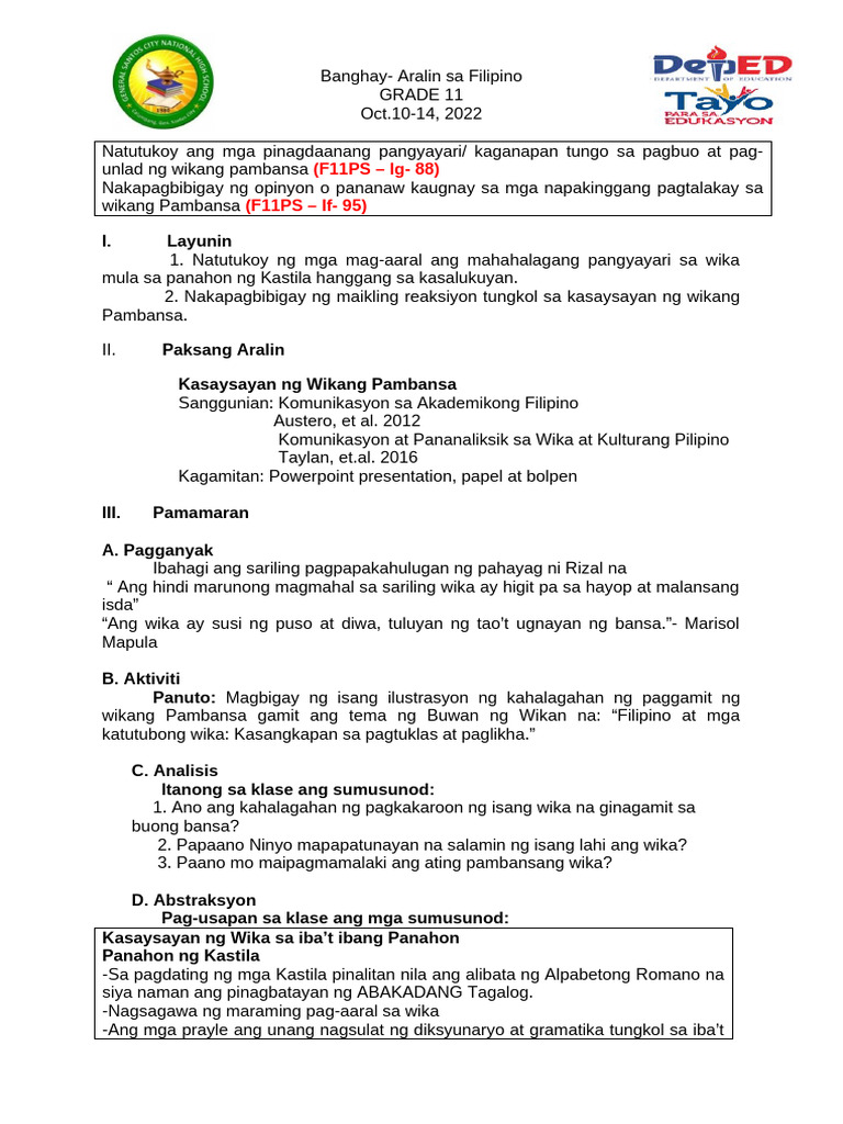 Banghay - Aralin Week8 | PDF | Tagalog Language | Language Arts & Discipline