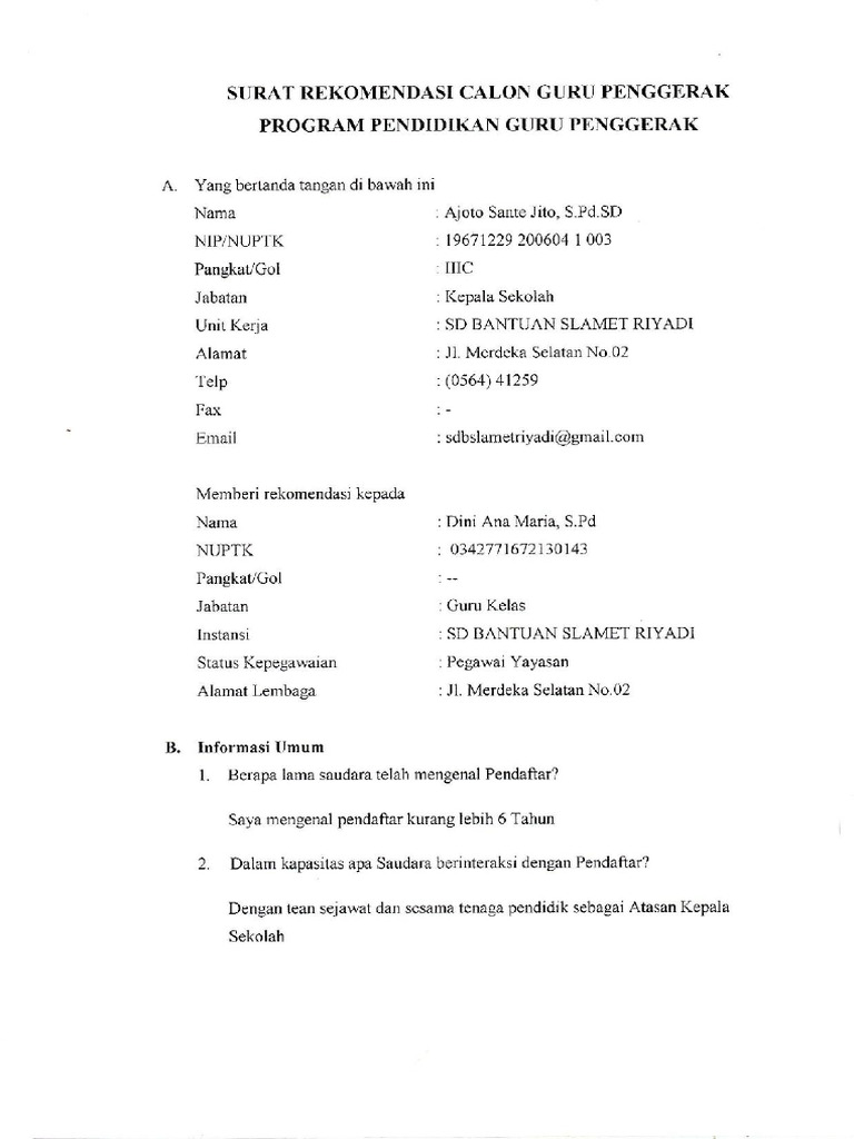 Surat Rekomendasi CGP - Dini Ana Maria - SDB Slamet Riyadi | PDF