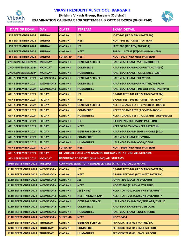 Exam Schedule Xi+Xii+s40 (Vikash, Bargarh) 2024 1 | PDF