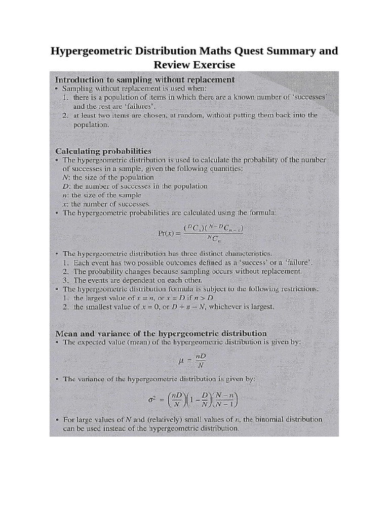 Hypergeometric Distribution Maths Quest Summary and Review Exercise ...