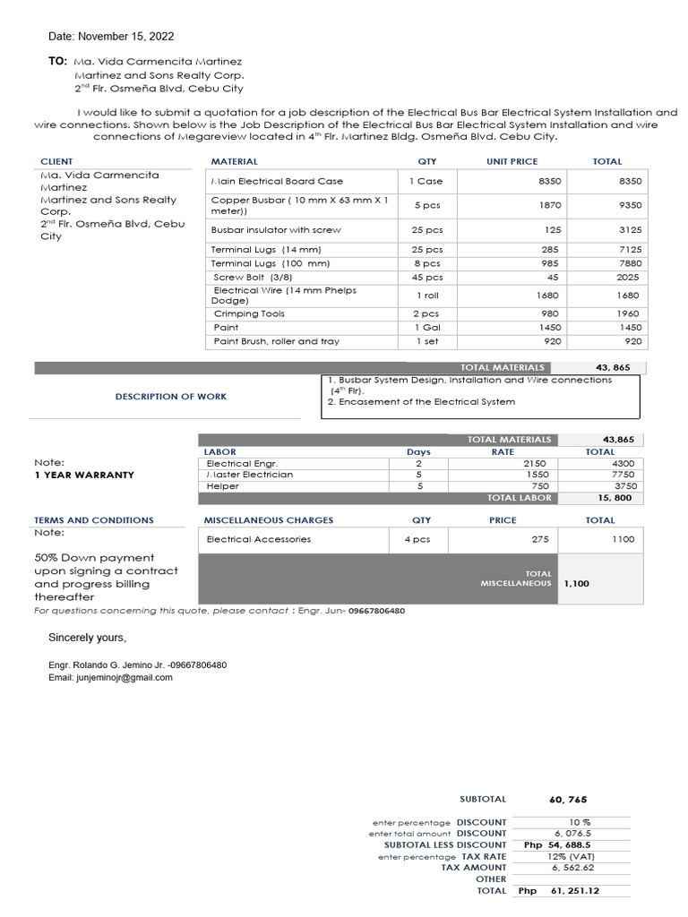 Electrical JOB Quotation 4th Floor - Jun | PDF