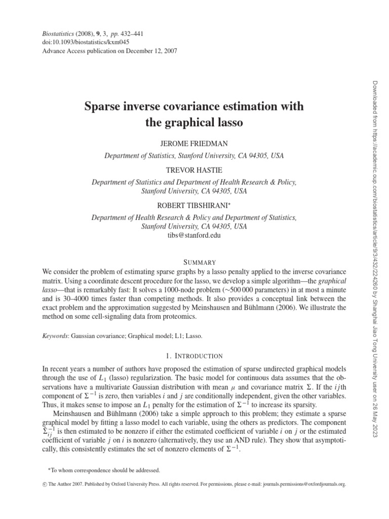 2008 Sparse Inverse Covariance Estimation With The Graphical Lasso | PDF
