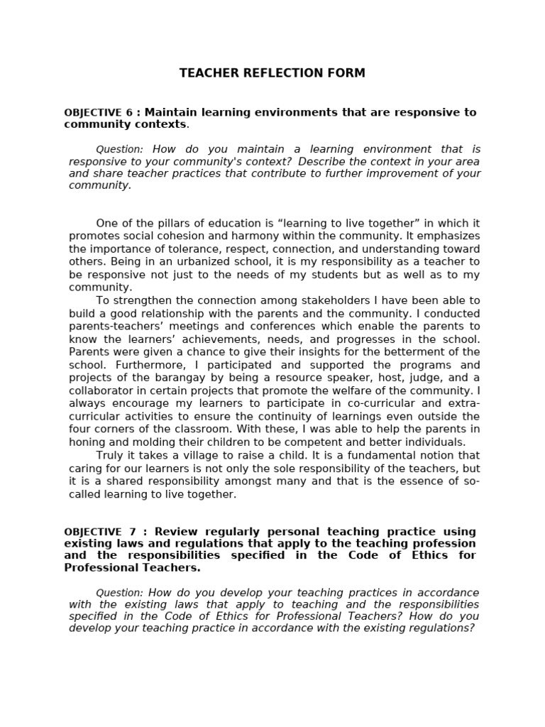 Teacher Reflection Form | PDF