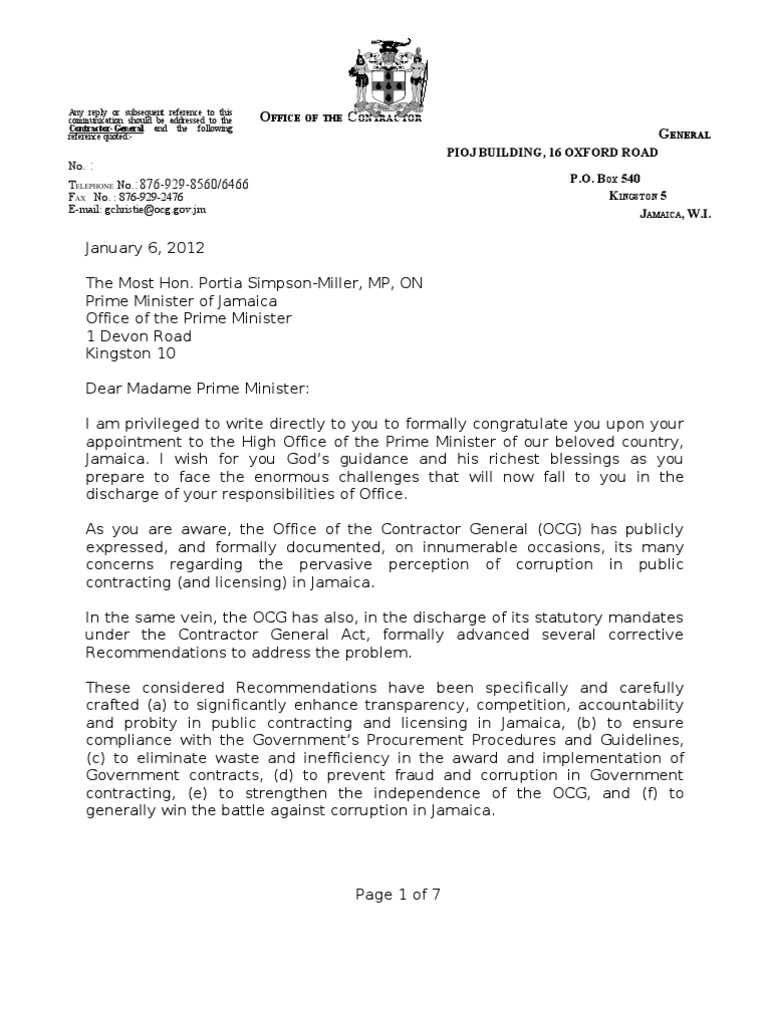 OCG's Anti-Corruption Letter to PM Portia Simpson-Miller | Corruption ...