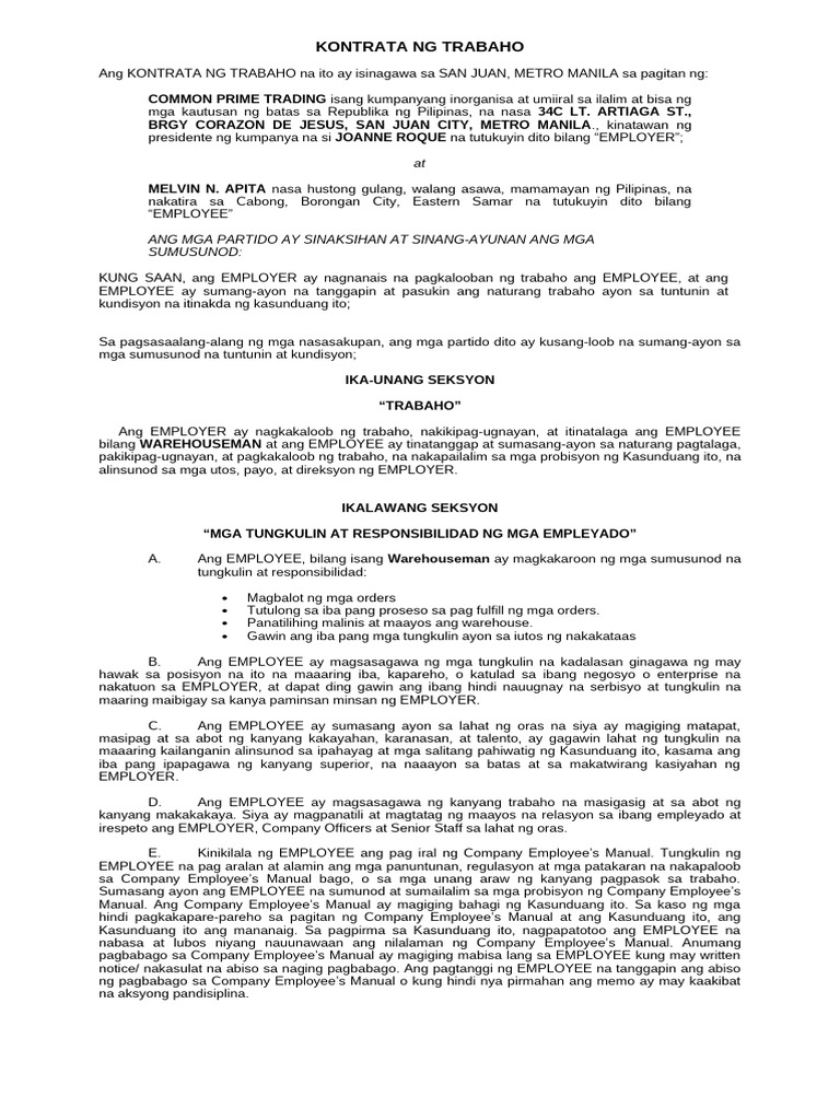 Employment Contract Template (Tagalog) - WAREHOUSEMAN | PDF