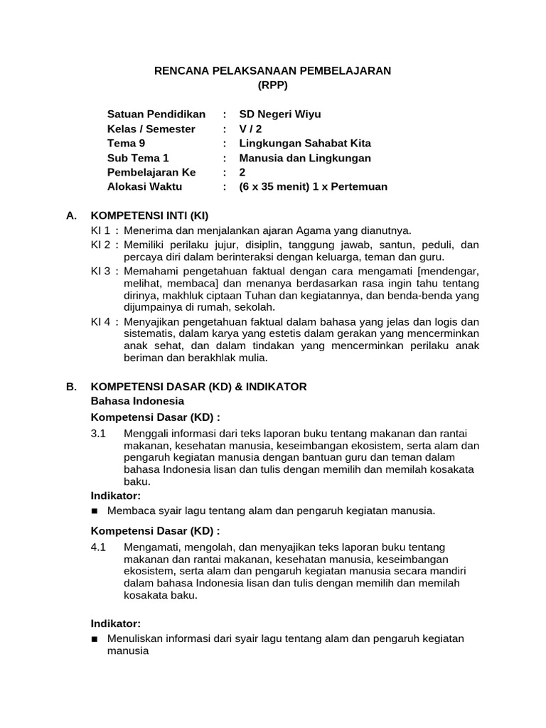 RPP Kelas 5 Tema 9 Lingkungan Sahabat Kita | PDF