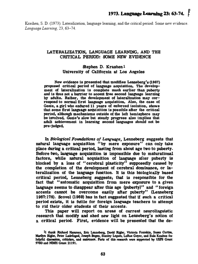 Krashen - 1973 - Lateralization | PDF | Lateralization Of Brain ...