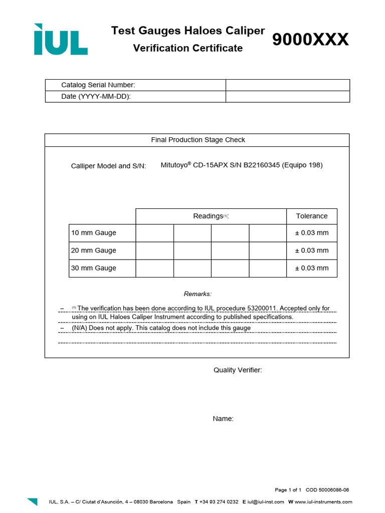 Test Gauges Haloes Caliper: Verification Certificate | PDF