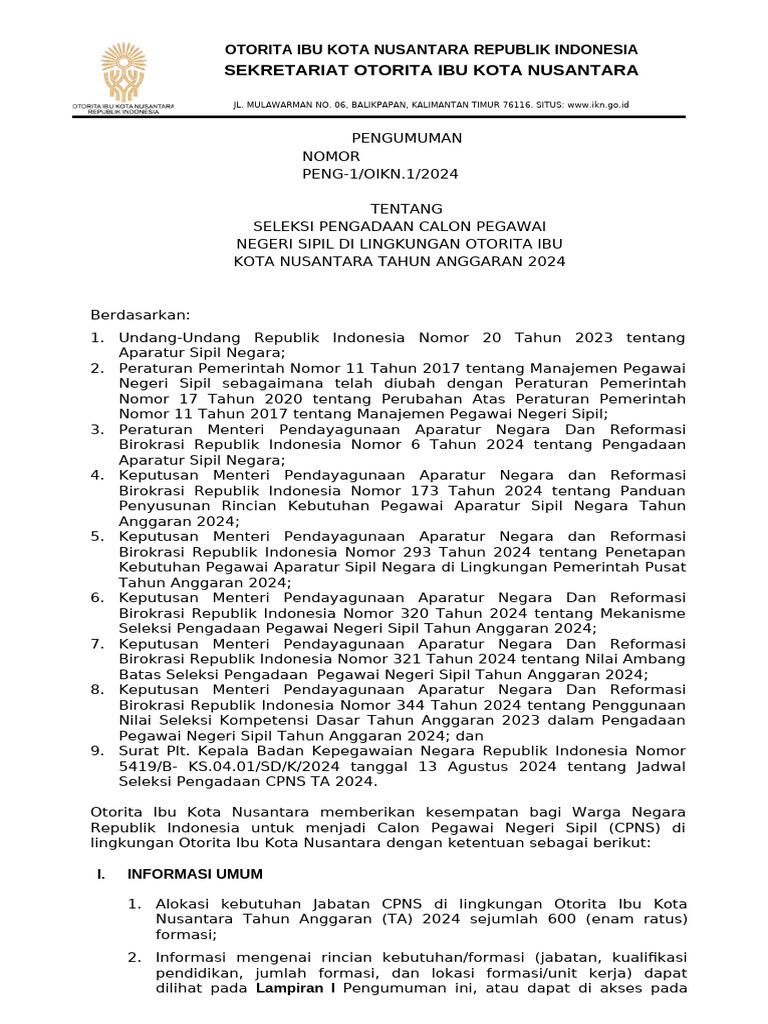 Peng.001 Seleksi Pengadaan Calon Pegawai Negeri Sipil Di Lingkungan Otorita Ibu Kota Nusantara ...