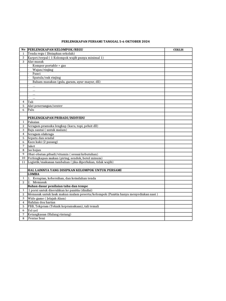 Perlengkapan Persami Tanggal 5-6 Oktober 2024 Perlengkapan Kelompok/Regu | PDF