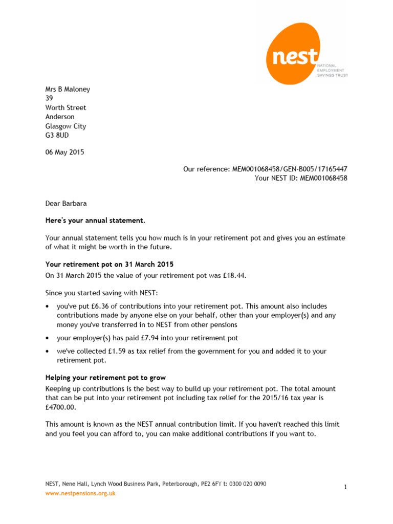 Here's Your Annual Statement.: NEST, Nene Hall, Lynch Wood Business ...