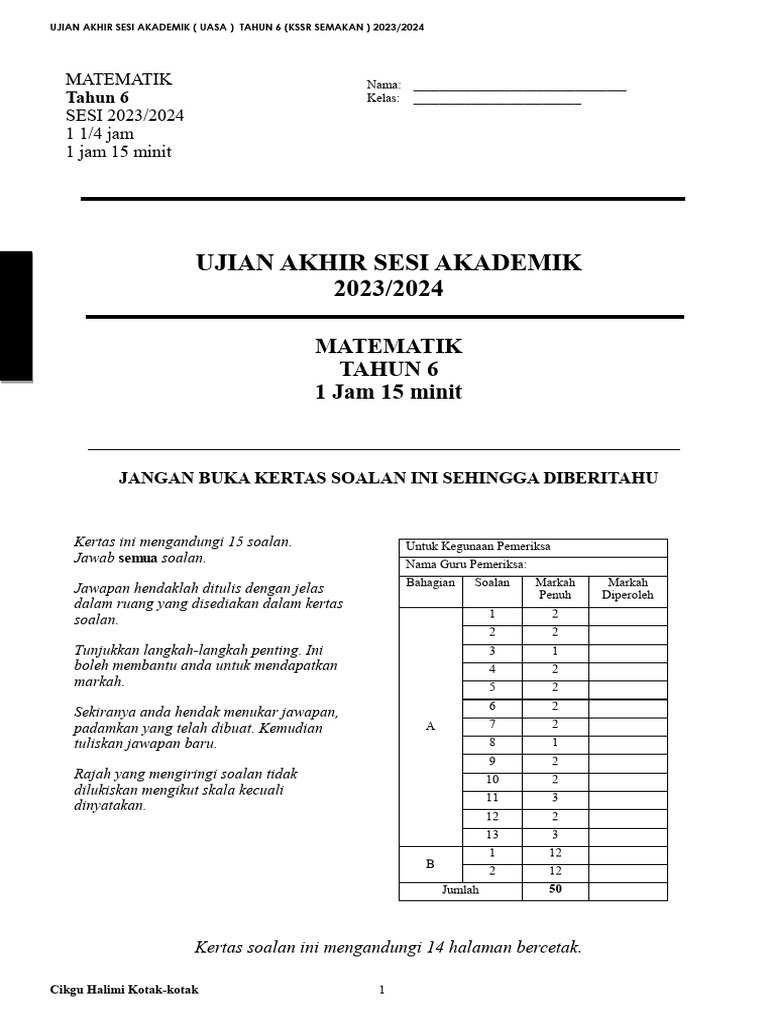 Uasa Math Set 1 T6 | PDF