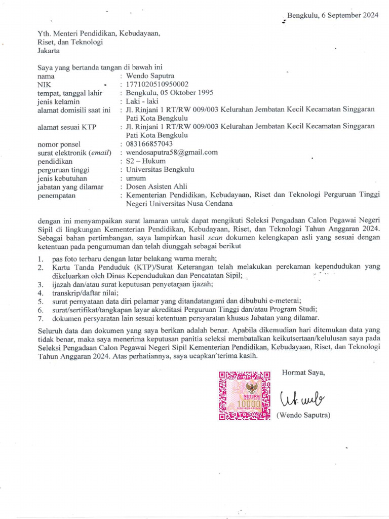 Surat Lamaran Wendo Saputra | PDF