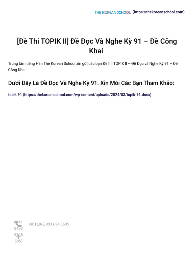 (Đề thi TOPIK II) Đề Đọc và Nghe Kỳ 91 - Đề Không Công Khai - Trung tâm tiếng Hàn The Korean ...