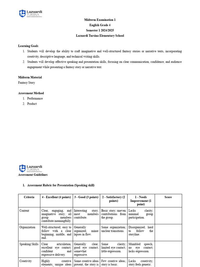 Kisi-Kisi English Midterm 1 Grade 4 | PDF