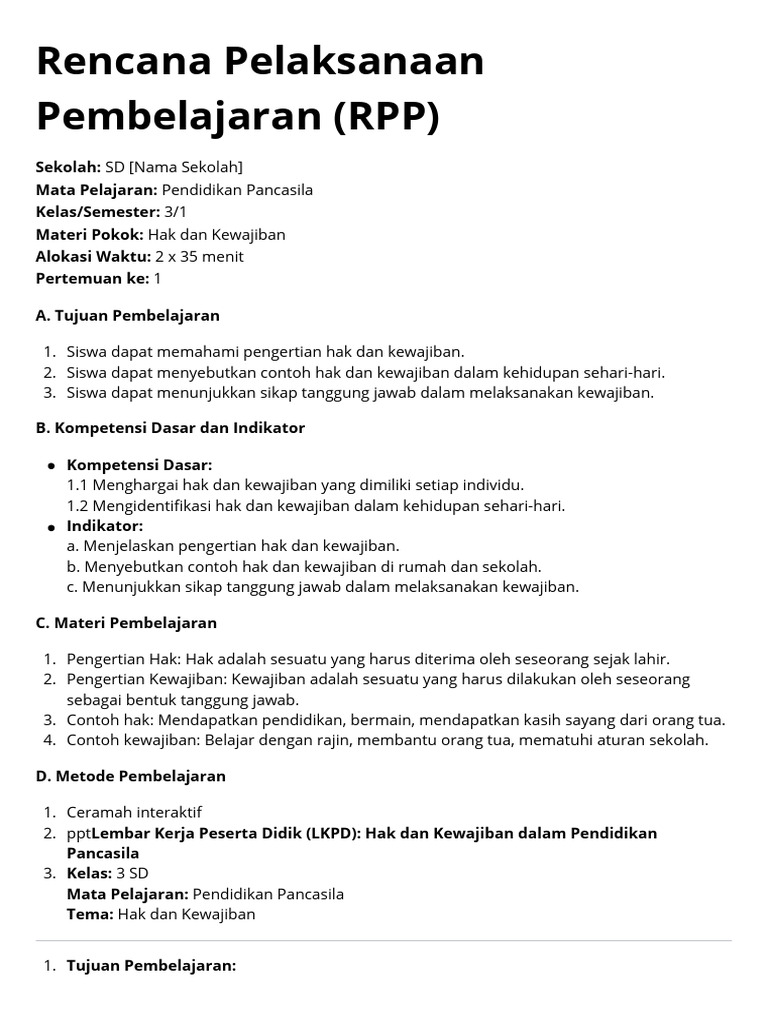 Rencana Pelaksanaan Pembelajaran (RPP) | PDF