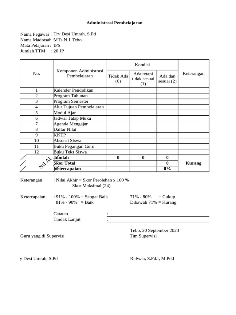 Instrumen Supervisi Kaur Tu | PDF
