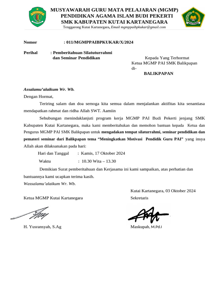 Surat Pemberitahuan MGMP Balikpapan | PDF