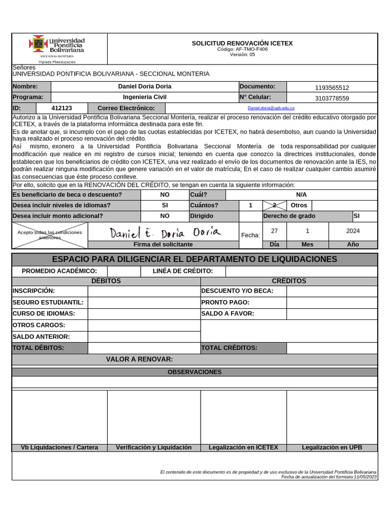 Daniel Doria - Af-Tmo-F406 Solicitud Renovacion Icetex | PDF