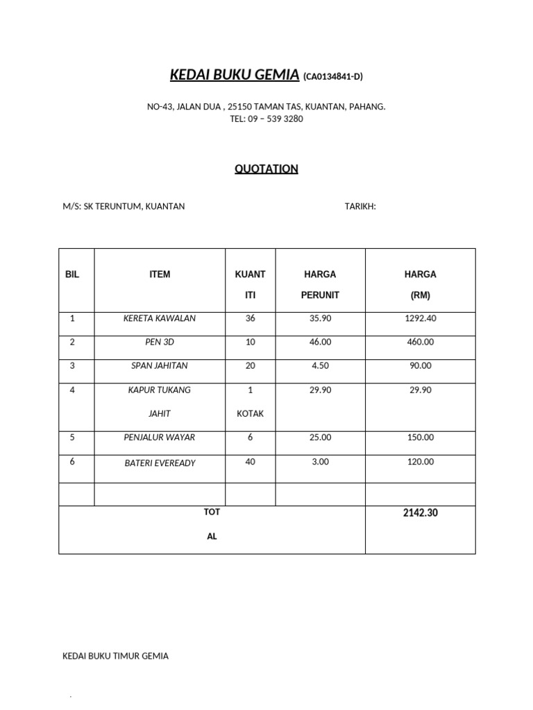 Sebut Harga Barang RBT SKBG 2023 | PDF