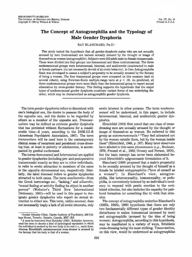 The Concept of Autogynephilia and the Typology of Male Gender Dysphoria ...