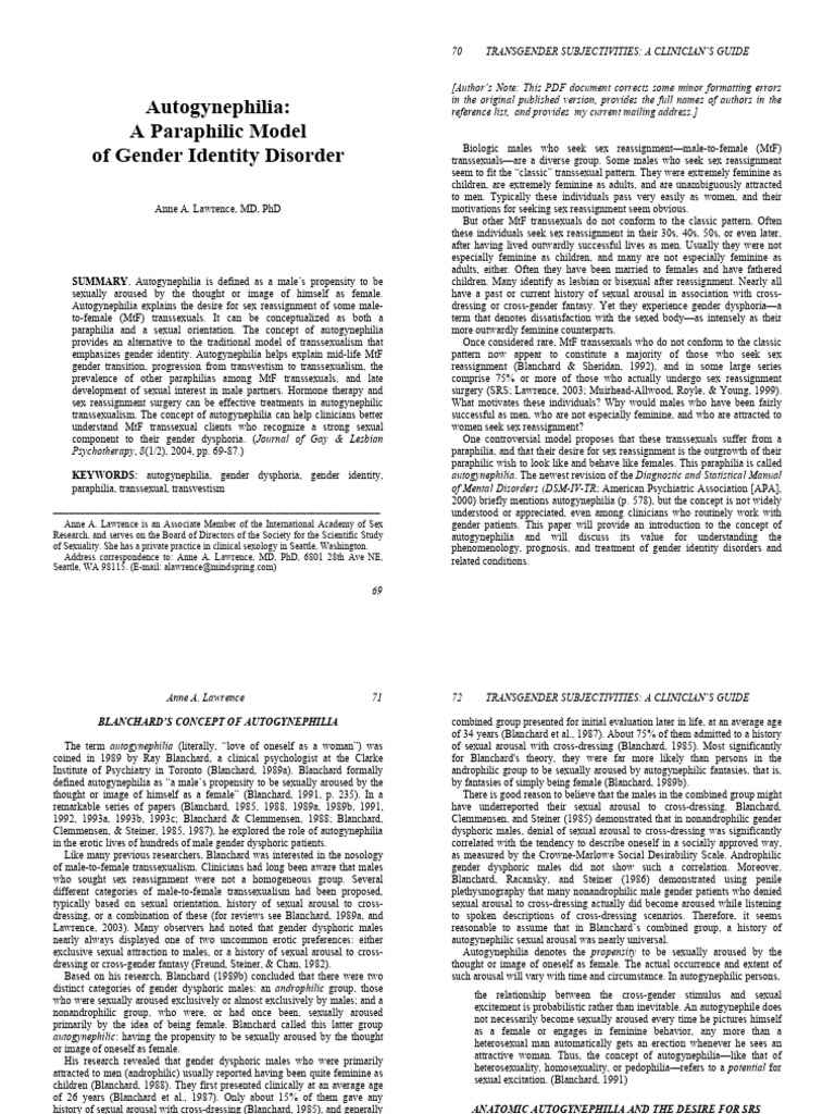 Autogynephilia, A Paraphilic Model of GID | PDF