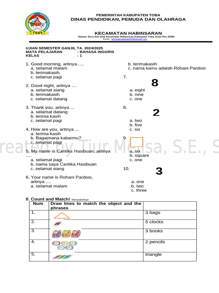 Soal Bahasa Inggris Kelas 1 US GANJIL | PDF