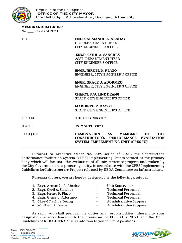 Memo Order for CPES IU | PDF