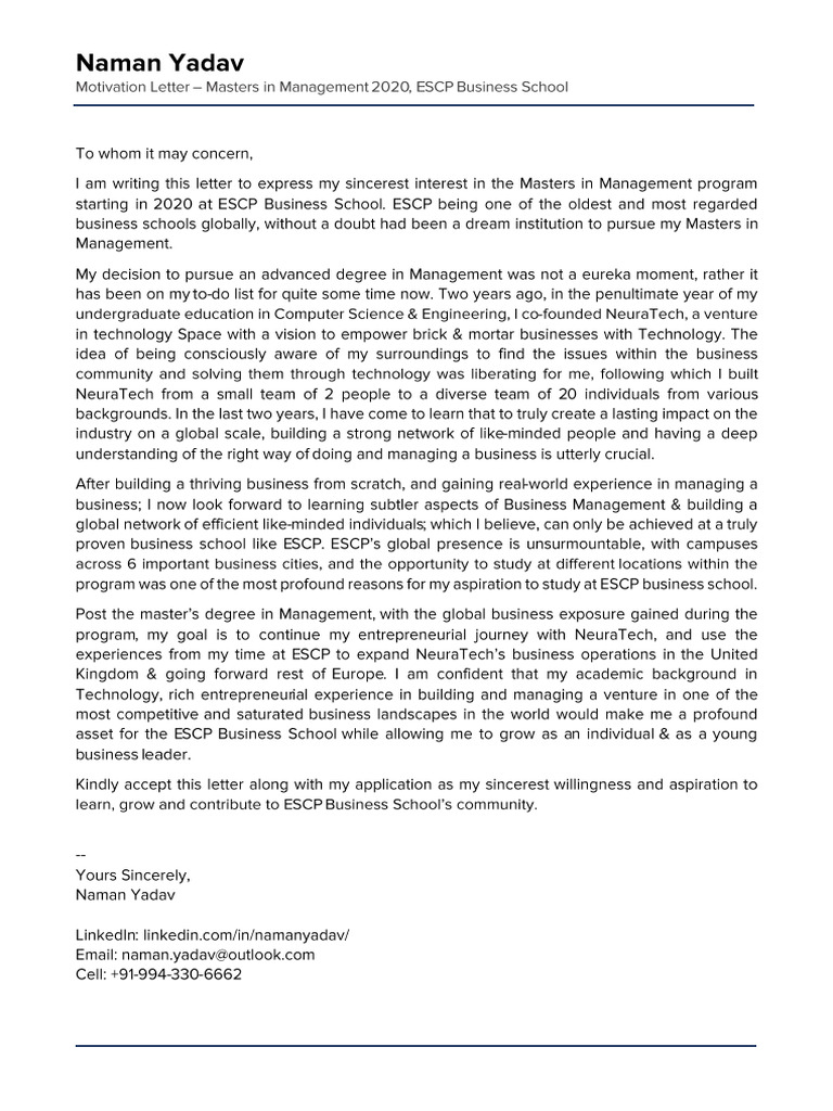 Cover Letter - Naman Yadav | PDF
