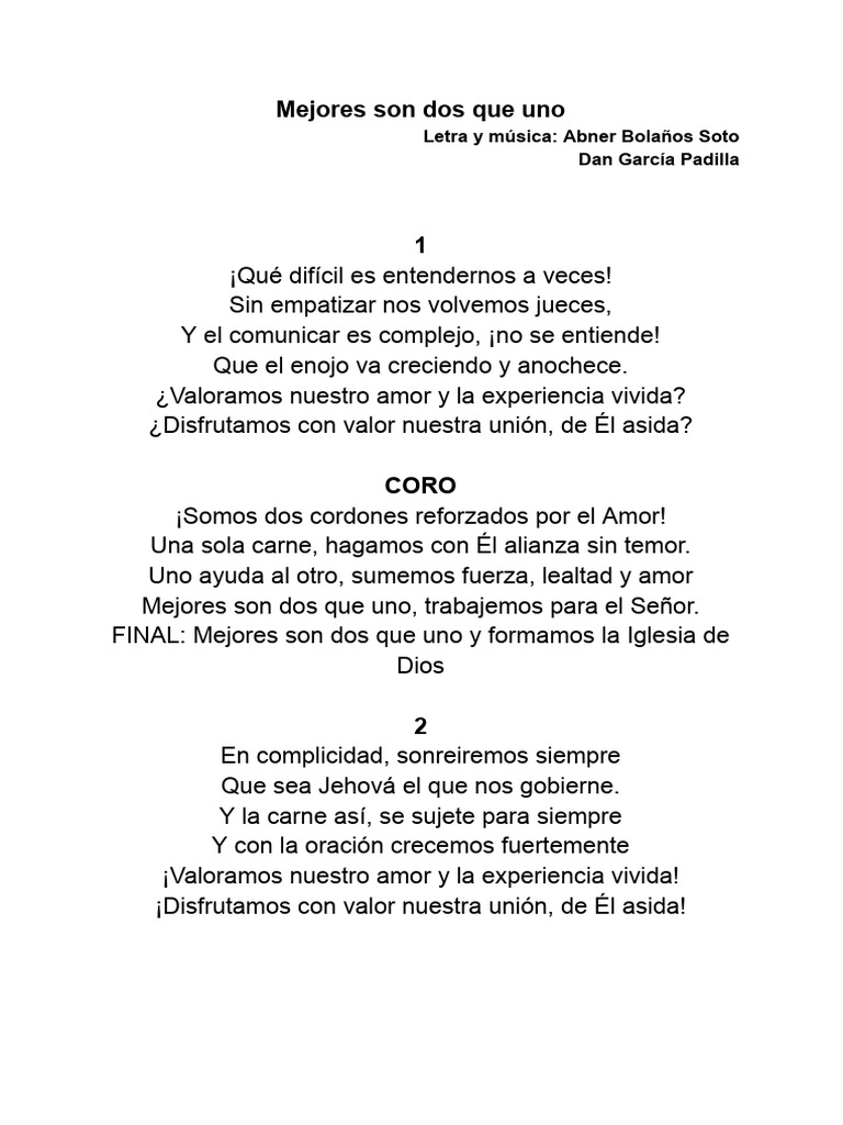 Himno Lema RRM 2024 - Mejores Son Dos Que Uno - Letra | PDF