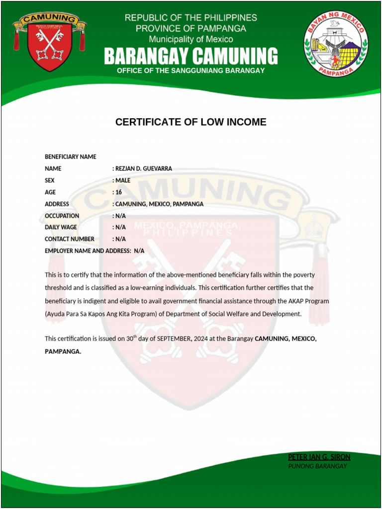 Akap Certificate of Low Income | PDF