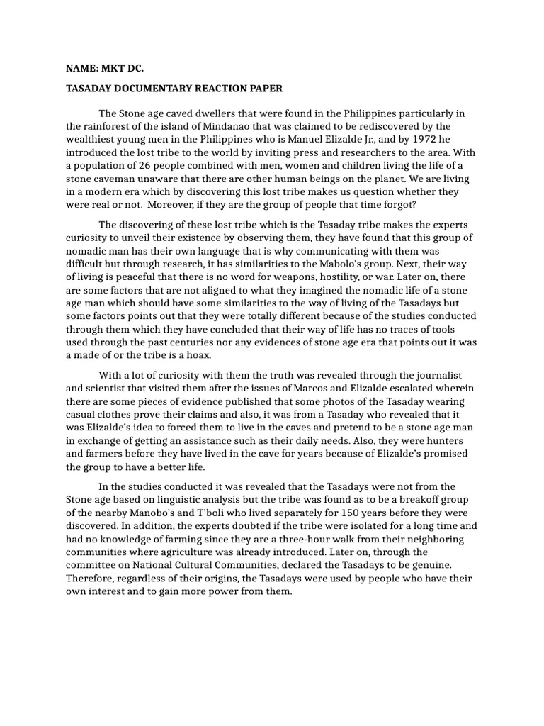 TADASAY DOCUMENTARY REACTION PAPER | PDF