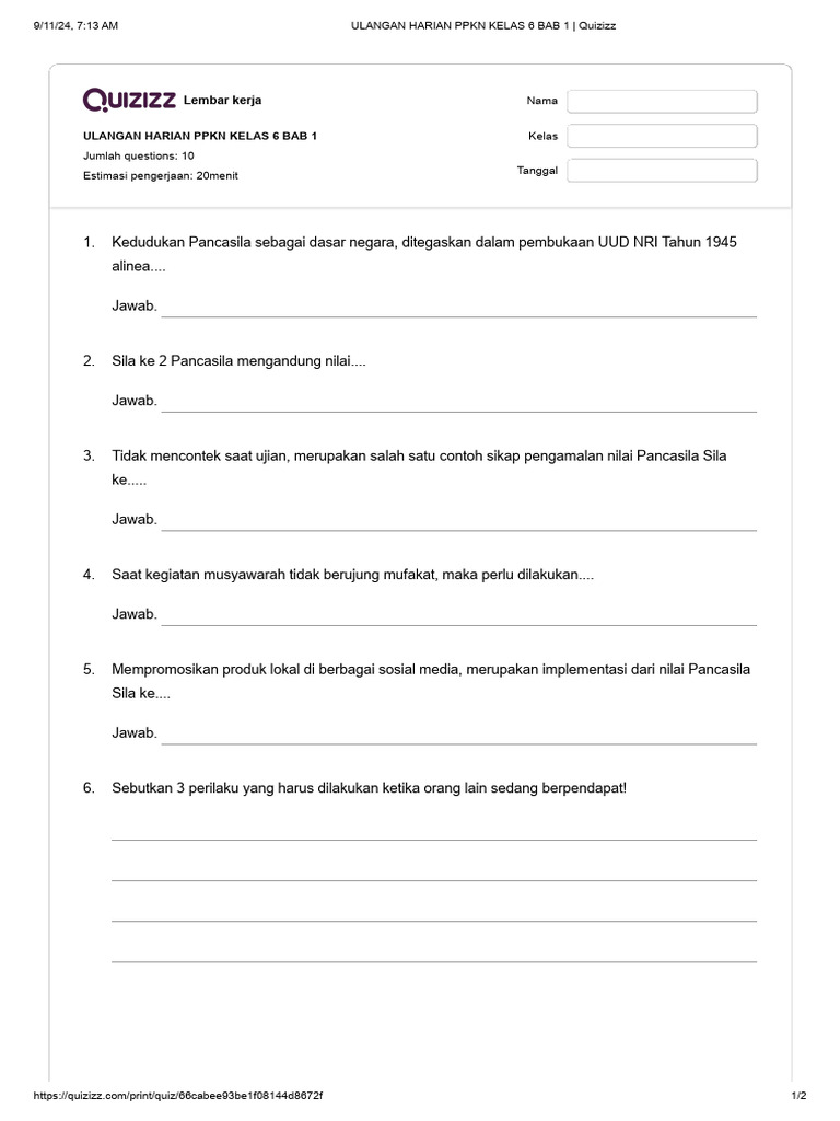 ULANGAN HARIAN PPKN KELAS 6 BAB 1 - Quizizz | PDF
