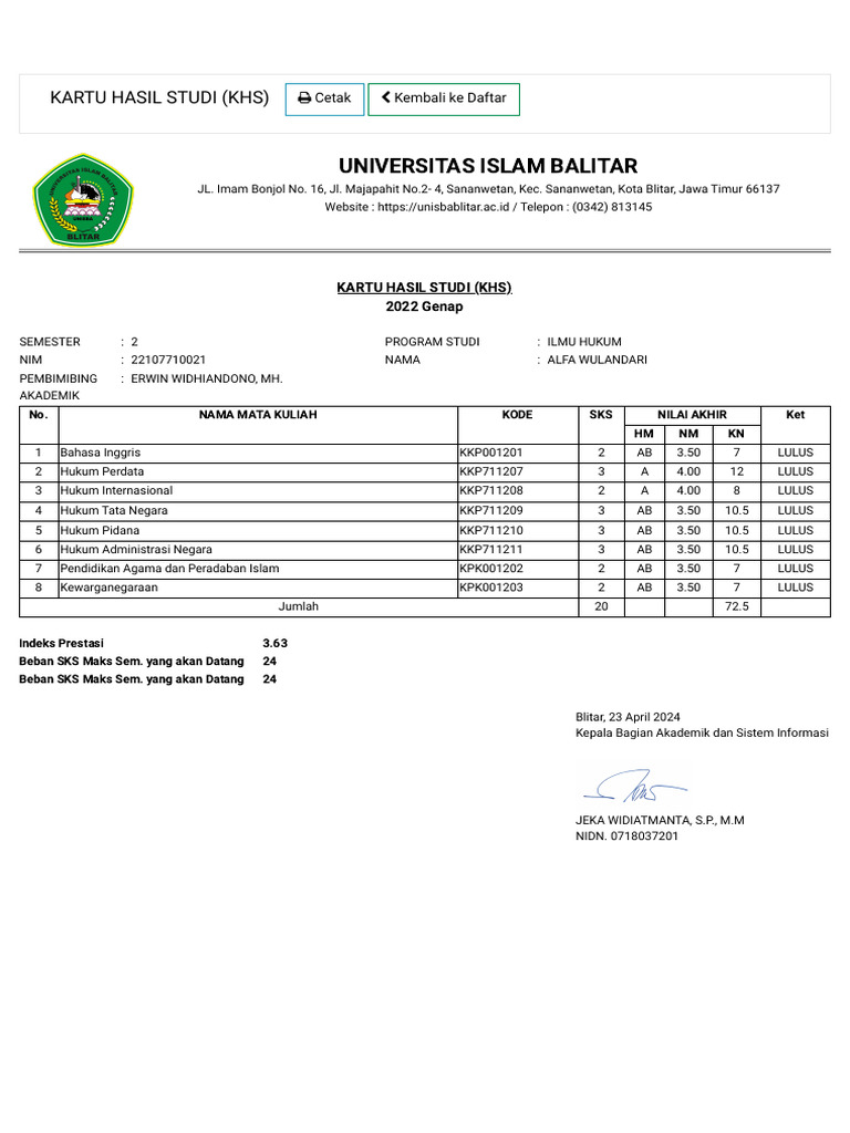 Kartu Hasil Studi (KHS) | PDF